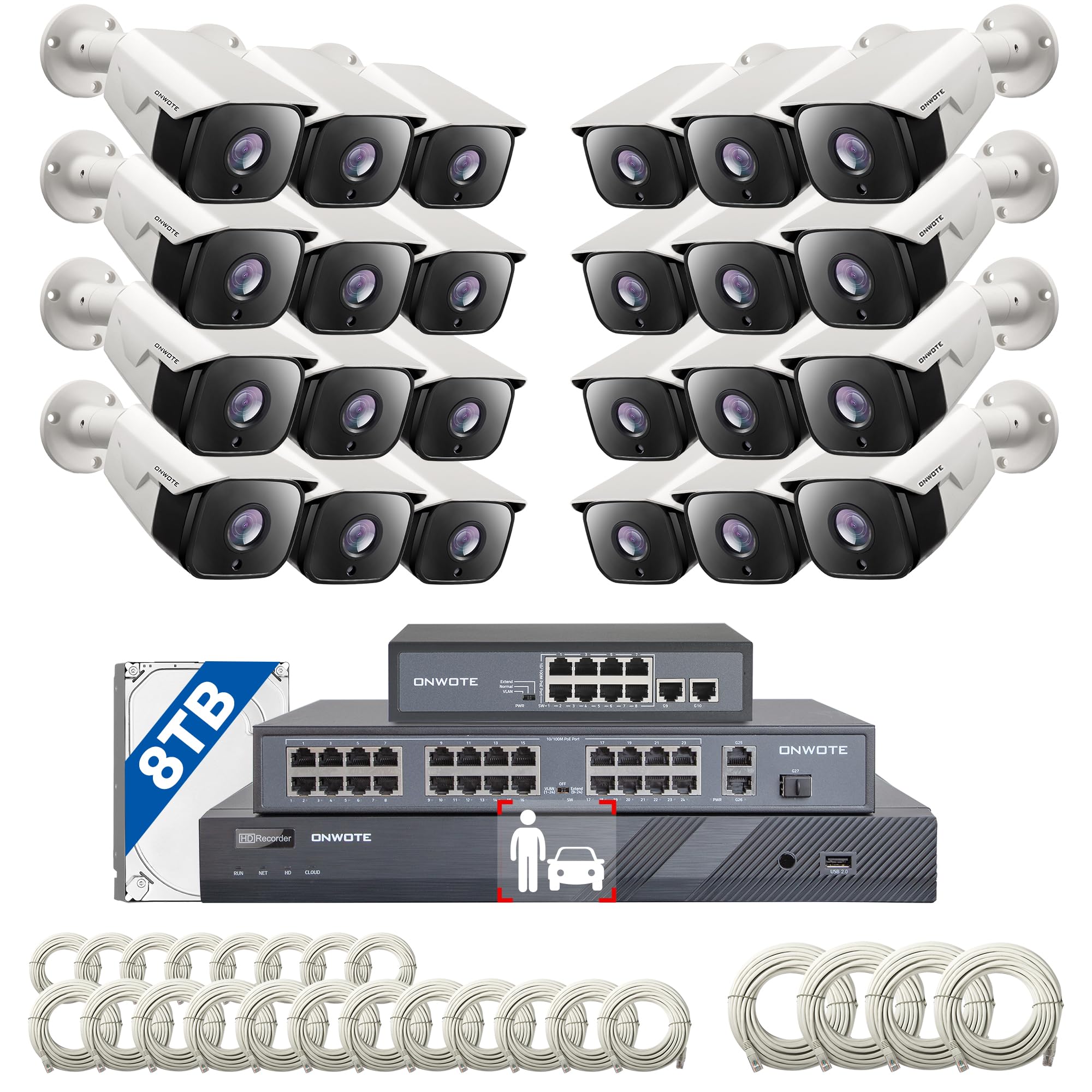 ONWOTE 32 Channel Security Camera System, 4K 32CH NVR 8TB, 32 Ports Switch, 24x 6MP Outdoor Audio PoE IP Cameras, AI Human Vehicle Detection, 24x Cables-2280ft, Commercial Surveillance for Business