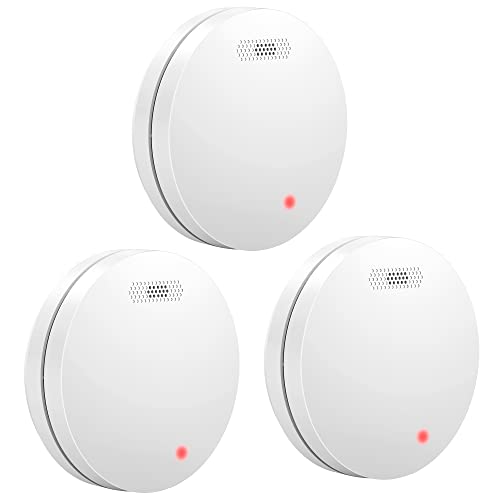 3 Pack Fire Alarms Smoke Detectors, HATHEPHS 10-Year Battery Ultra-Thin Photoelectric Smoke Alarm with Large Test/Silence Button, Adhesive Tapes Included