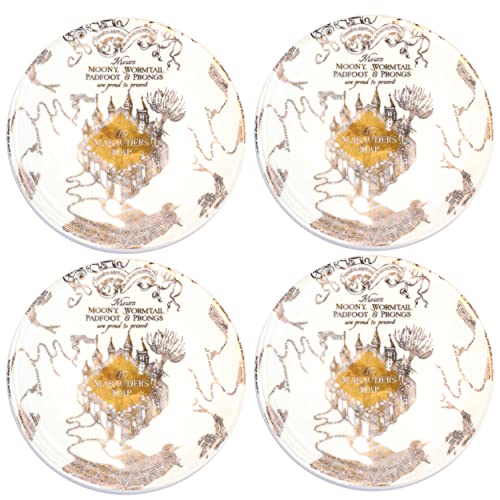 Harry Potter Coasters, Set of 4 Marauders Map Ceramic Coaster Set – Protect Tables from Drink Cups and Glasses – Perfect Harry Potter Gifts for Women and Men – White with Gold Plated Design