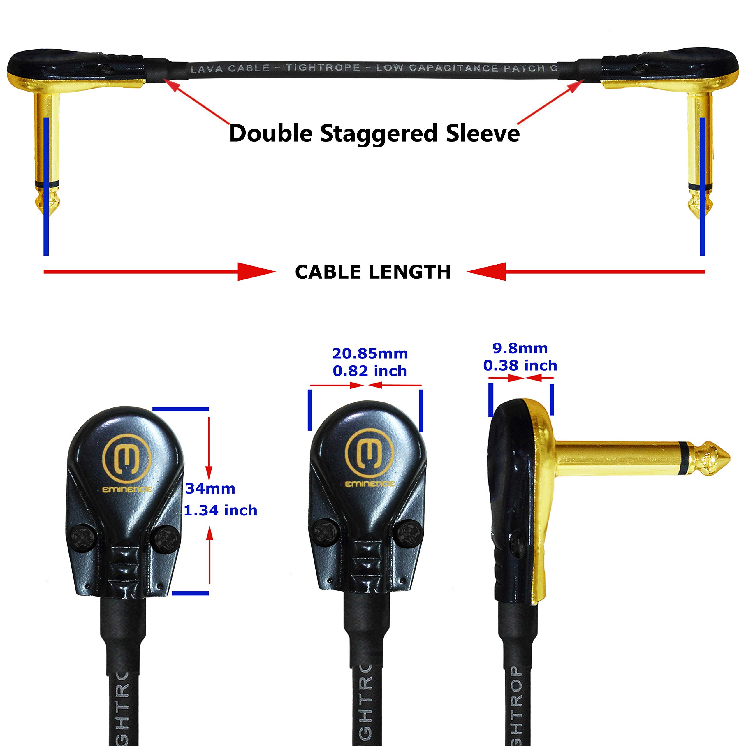 3 Units - Lava Tightrope (Black) - 8 Inch - Guitar Bass Effects Instrument, Patch Cable with Premium Gold Plated ¼ Inch (6.35mm) Low-Profile, Right Angled Pancake type TS Connectors