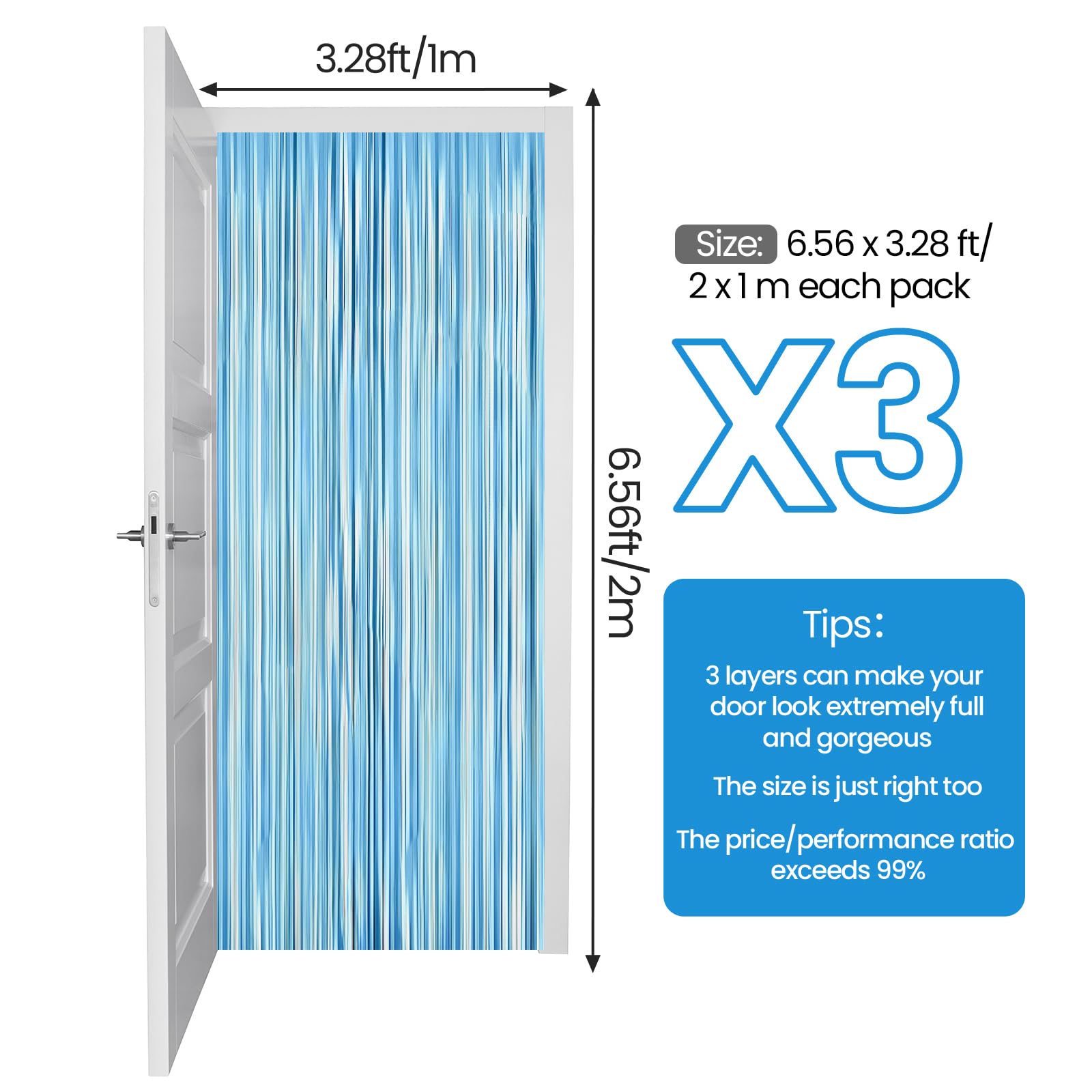 3 Pack Foil Curtains Metallic Foil Fringe Curtain-JVIGUE,Birthday Party Photo Backdrop Wedding Event Decor (Pale Blue Decorative Streamers)