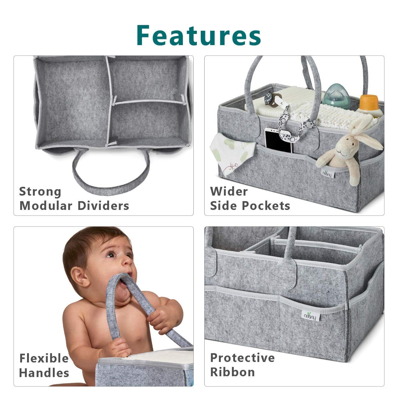 NEENY Baby Diaper Caddy Organizer β Portable Changing Table Storage Basket β Soft Felt Grey Nappy Bag Adjustable Compartments β Wipes Bottle Nursing Home & Car Travel β FREE Cotton Bib & Pacifier Clip