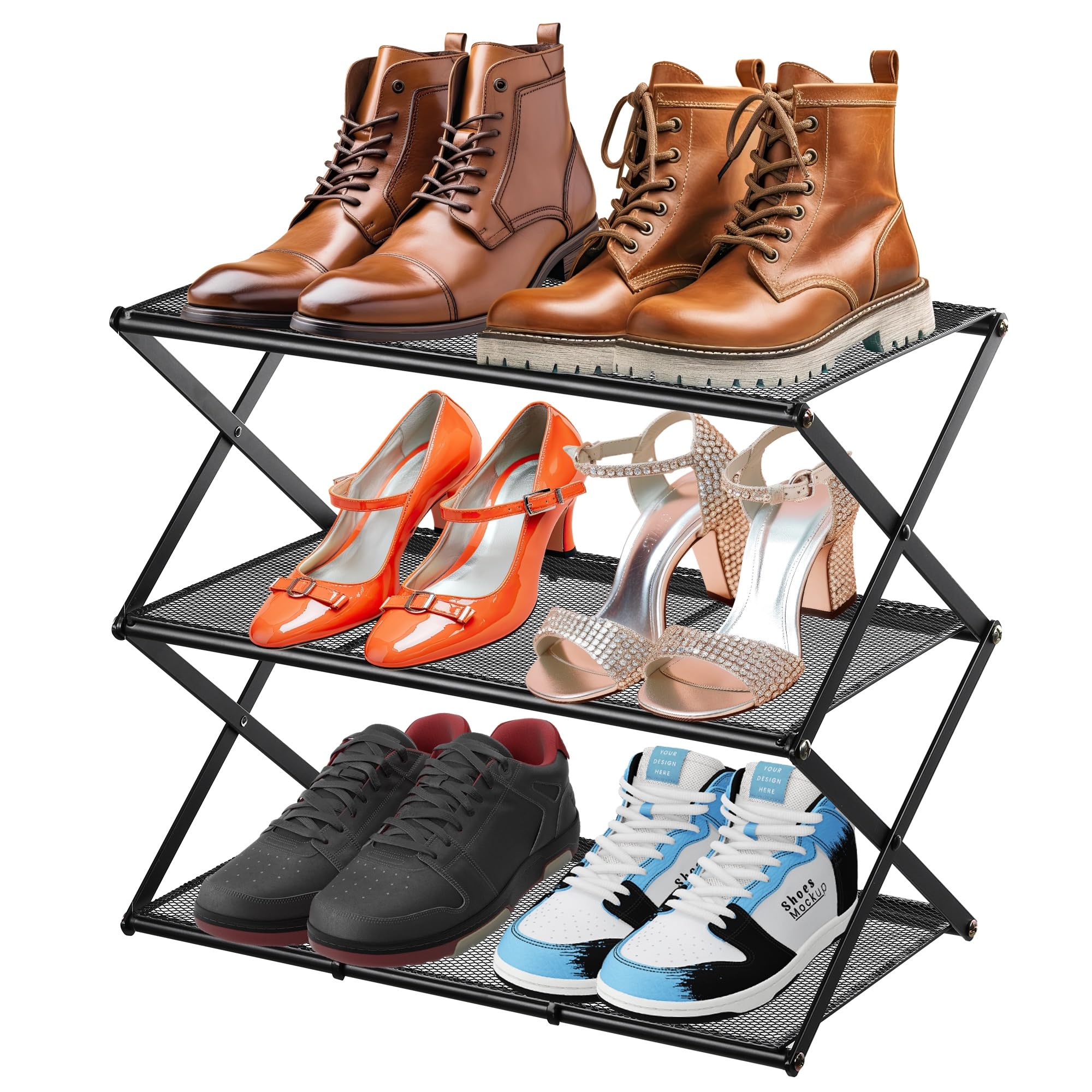 GTIPPOR Small Shoe Rack for Entryway - 3 Tier Shoe Organizer Metal Foldable Shoes Storage Rack, Zero Tool Install, Sturdy Shoe Rack for Closet, Front Door Entrance, Living Room - Space Saving, Black