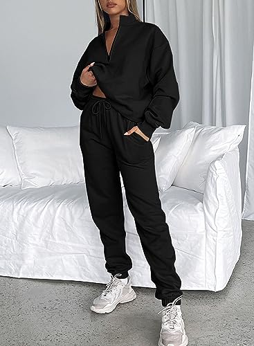 Aleumdr Womens 2 Piece Sweatsuit Sets 2023 Fall Trendy Half Zip Pullover Long Sleeve Sweatshirt Jogger Pants Outfits with Pockets Black XX-Large