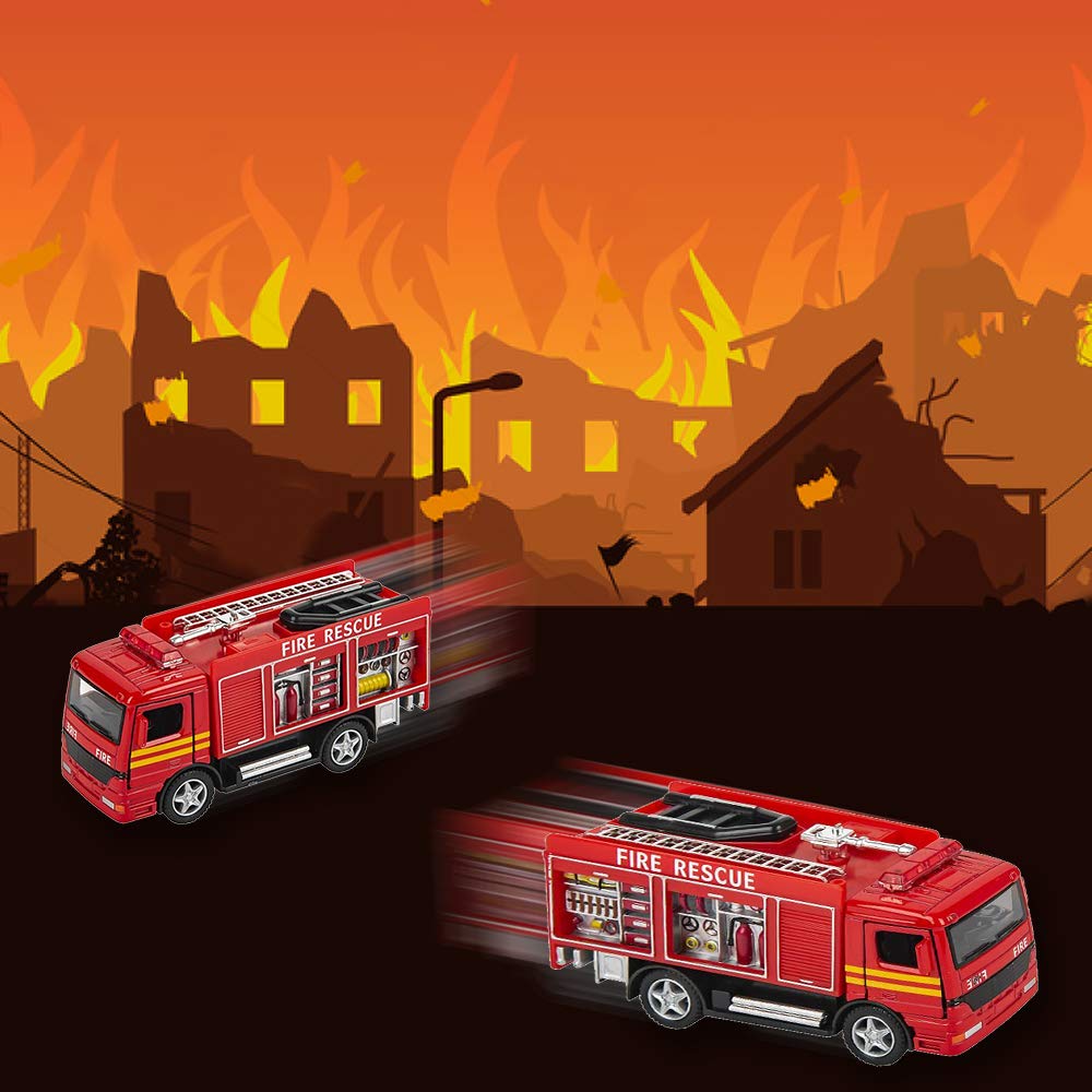 ArtCreativity 5 Inch Diecast Fire Engine Rescue Trucks, Set of 2, Diecast Toy Firetrucks with Pullback Mechanism, Great Gift Idea for Boys and Girls