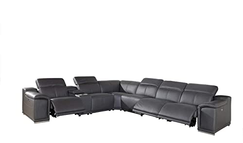 Blackjack Furniture Venice 7 Piece Italian Leather Sectional Sofa with 3-Power Recliners, Adjustable Headrest, Lumbar Support, USB and Wireless Charging Station, Extra Large Storage, 1 Console, Gray