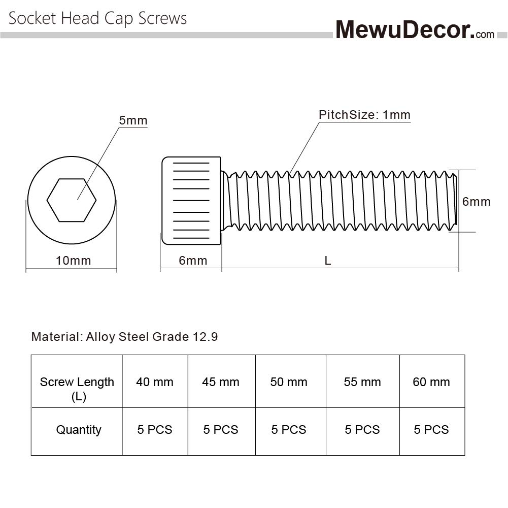 M6-1.0 x 40mm, 45mm, 50mm, 55mm and 60mm Socket Head Cap Screws, Grade 12.9 Alloy Steel, Black Oxide, 25 PCS