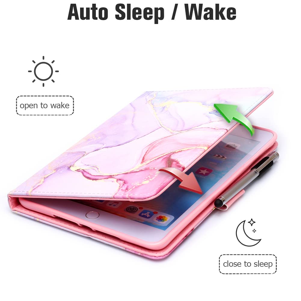 iPad Mini 5 Case Mini 4 Mini 3 2 Cover, FANCITY Smart Wake Sleep Flip Stand Case Soft PU Leather Protective Case with Card Slot Pen Holder for Apple iPad Mini 1 2 3 4 5 - Pink Marble
