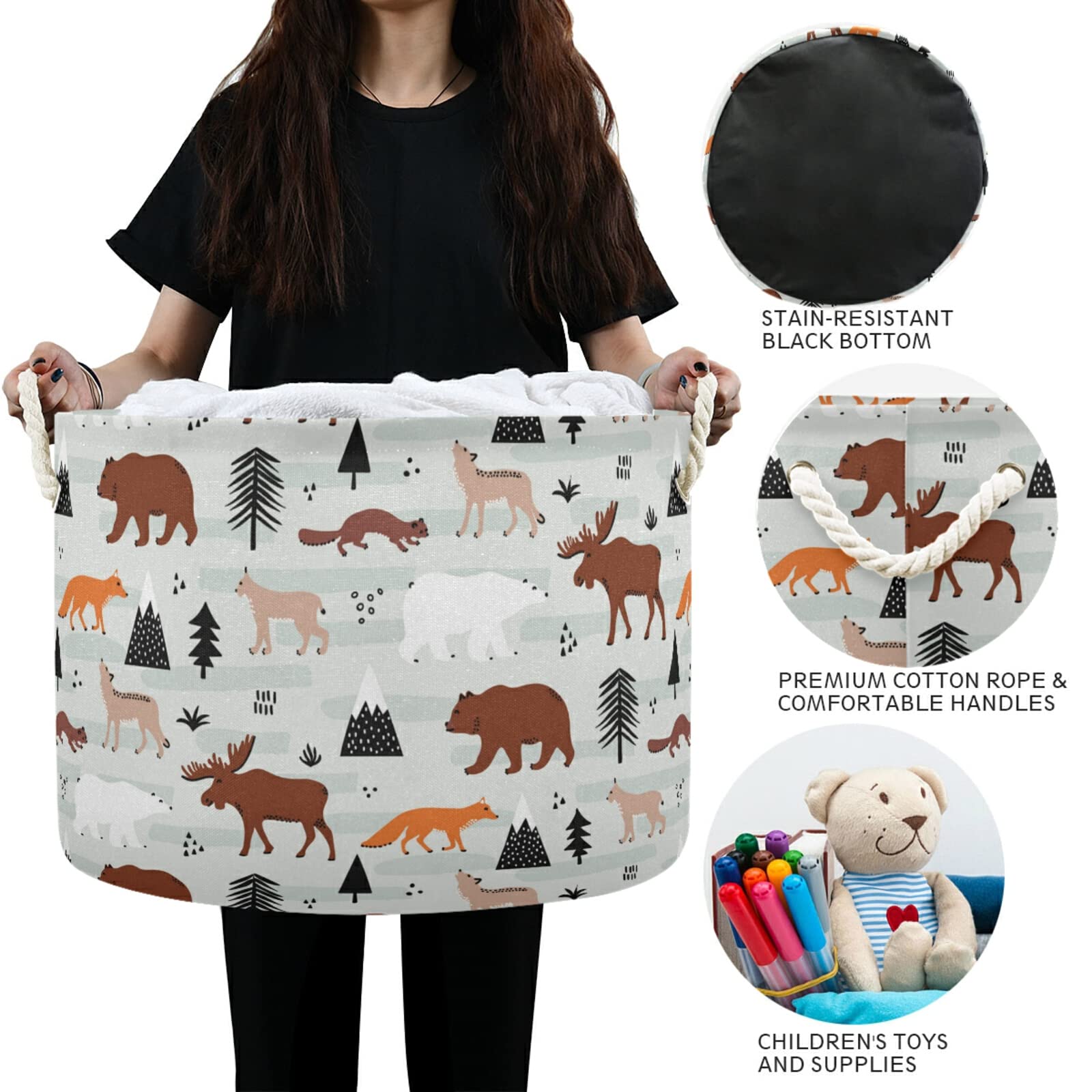 Moose Bear Foxes Trees Wolf Squirrel Seamless Forest Fauna Animals Round Storage Basket Bin, Baby Nursery Organizer with Handles for Toys Clothes, Large Foldable Bucket Waterproof Laundry Hamper