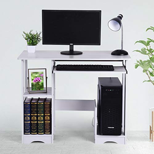 OKBOP Desktop Home Computer Desk with Storage Shelves Keyboard Tray, Modern Writing Desk Wood Student Study Table Notebook Workstation, White Small Office Desk (White)