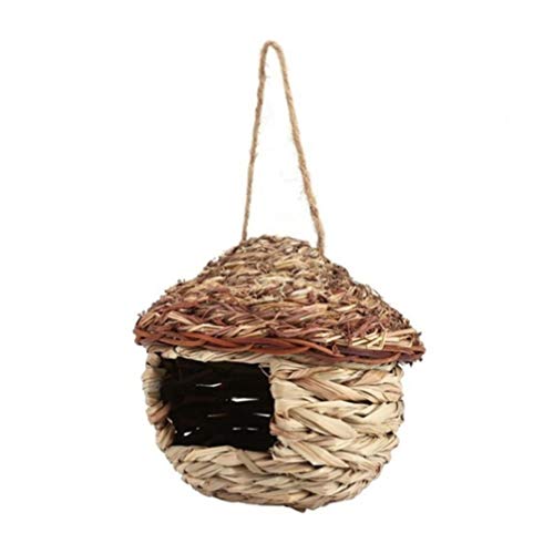 POPETPOP Hanging Bird House Handwoven Grass Bird Hut - Bird Nest for Parakeets Parrots Canary and Other Small Pets - Bird Cage Accessories - Size M