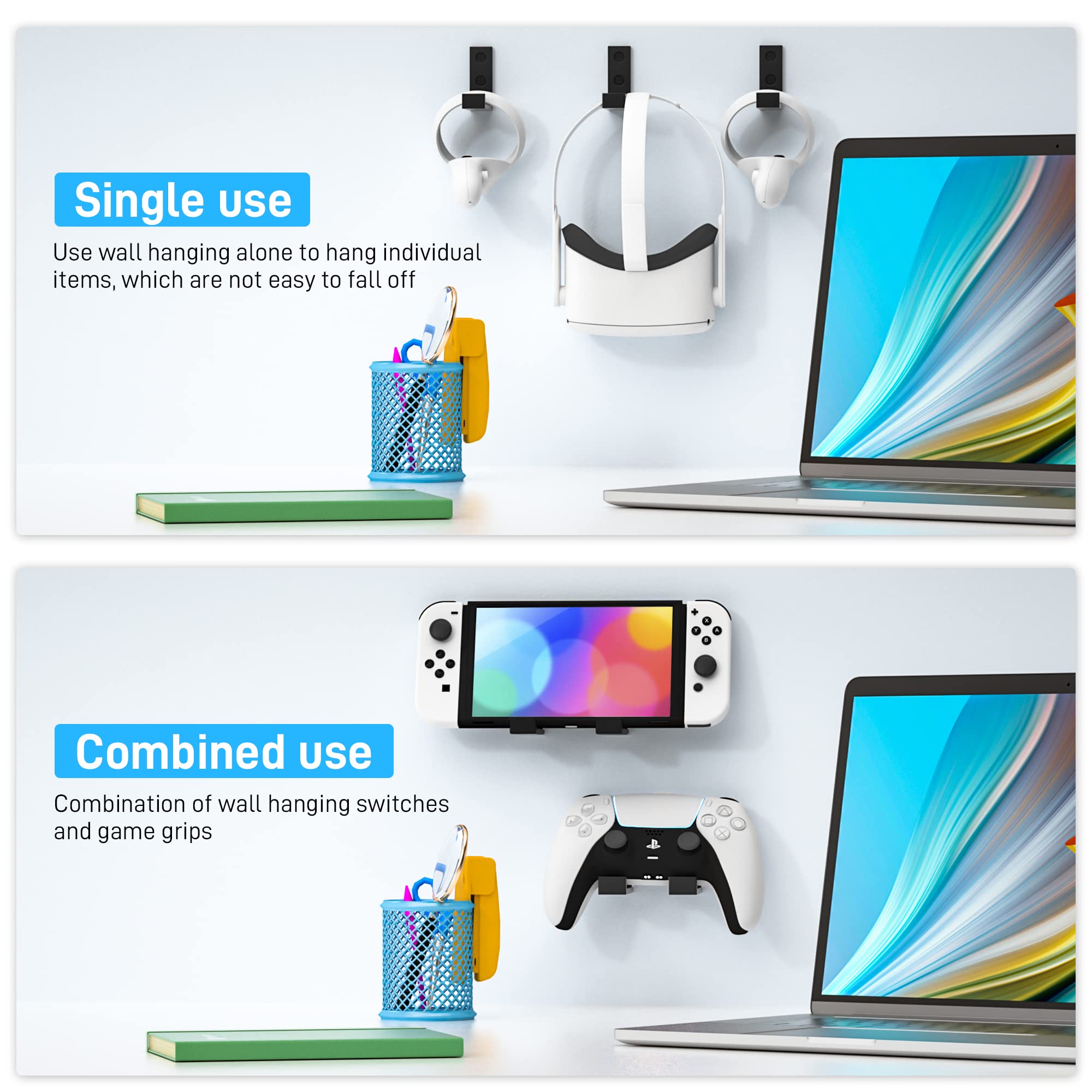 3 Pack - FUNDIARY Folding Wall Mount for Oculus Quest 2, VR Headset Wall Hooks for Meta Quest 2 Accessories, Stand Bracket Bundles with Screws, Wall Stand Hanger - Balck