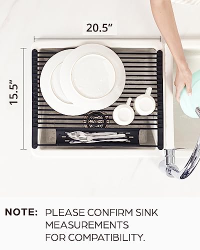 BELLE TERRE Roll-Up Dish Drying Rack & Swedish Dish Cloth Set - Space-Saving Sink Rack (20.5" x 15.5") with Utensil Tray & Reusable Absorbent Cloths - Solid Steel Construction & Cellulose Material