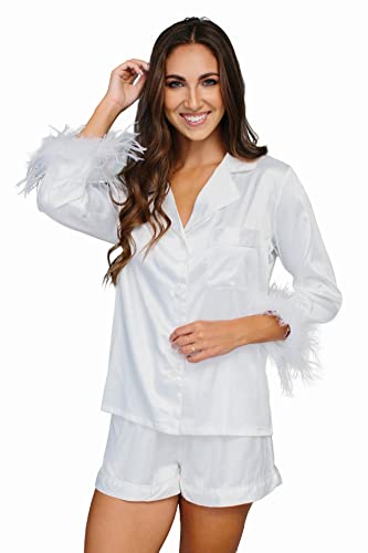 Belle's Design Women's Feather Trim Silk Satin Pajama Set With Shorts Button Down 2 pieces Loungewear Sleepwear (White, XX-Large)