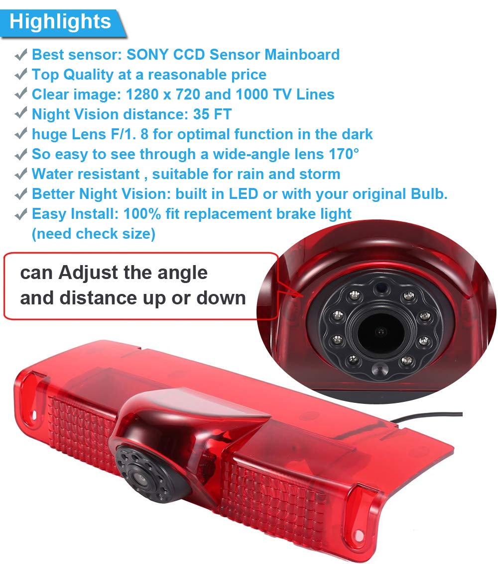 4.3 '' Rearview Mirror + Third Roof Top Mount Brake Lamp Reverse Rear View Backup Camera Angle and Distance Adjustable IR Night Vision for Chevrolet Express GMC Chevy Savana Exporer Vans Cargo