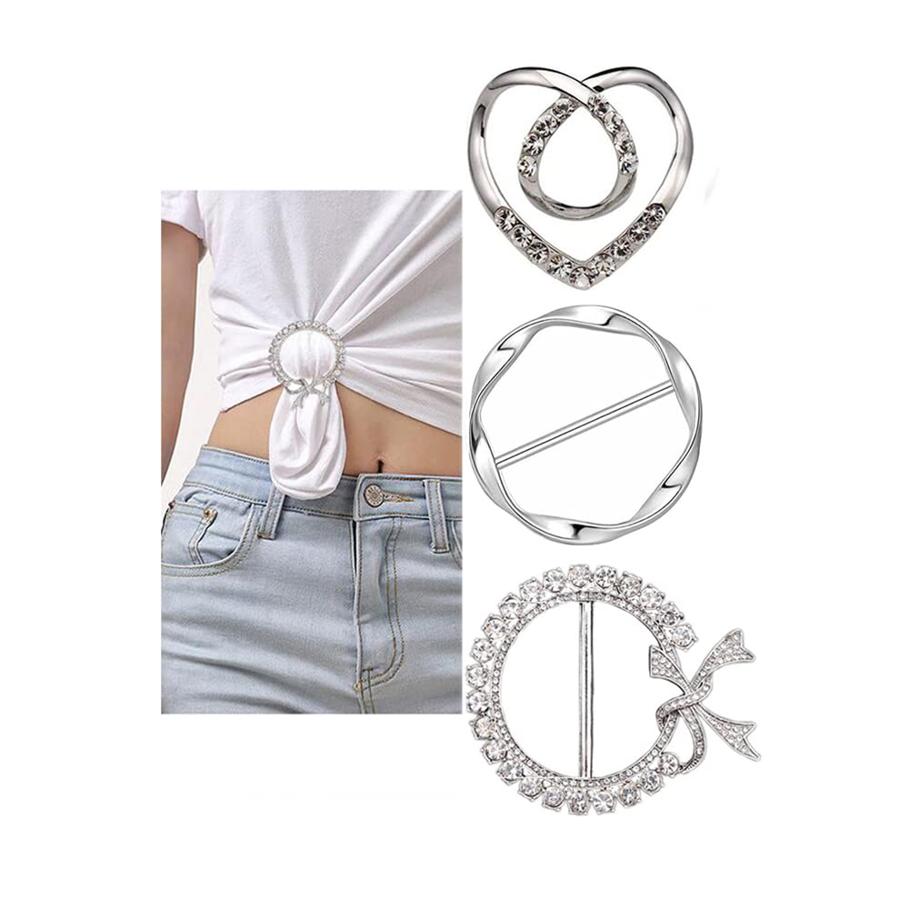 3 Pack Alloy T-Shirt Clips Rhinestone Scarf Ring Buckles 1.9 Inch Round Heart Shape Tshirt Scarves Clothes Waist Tie Decoration Accessories for Women Girls