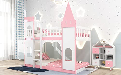 BOVZA Castle Bed Kids Bunk Bed Twin Over Twin with Ladder and Safety Guardrails for Girls Boys, Pink