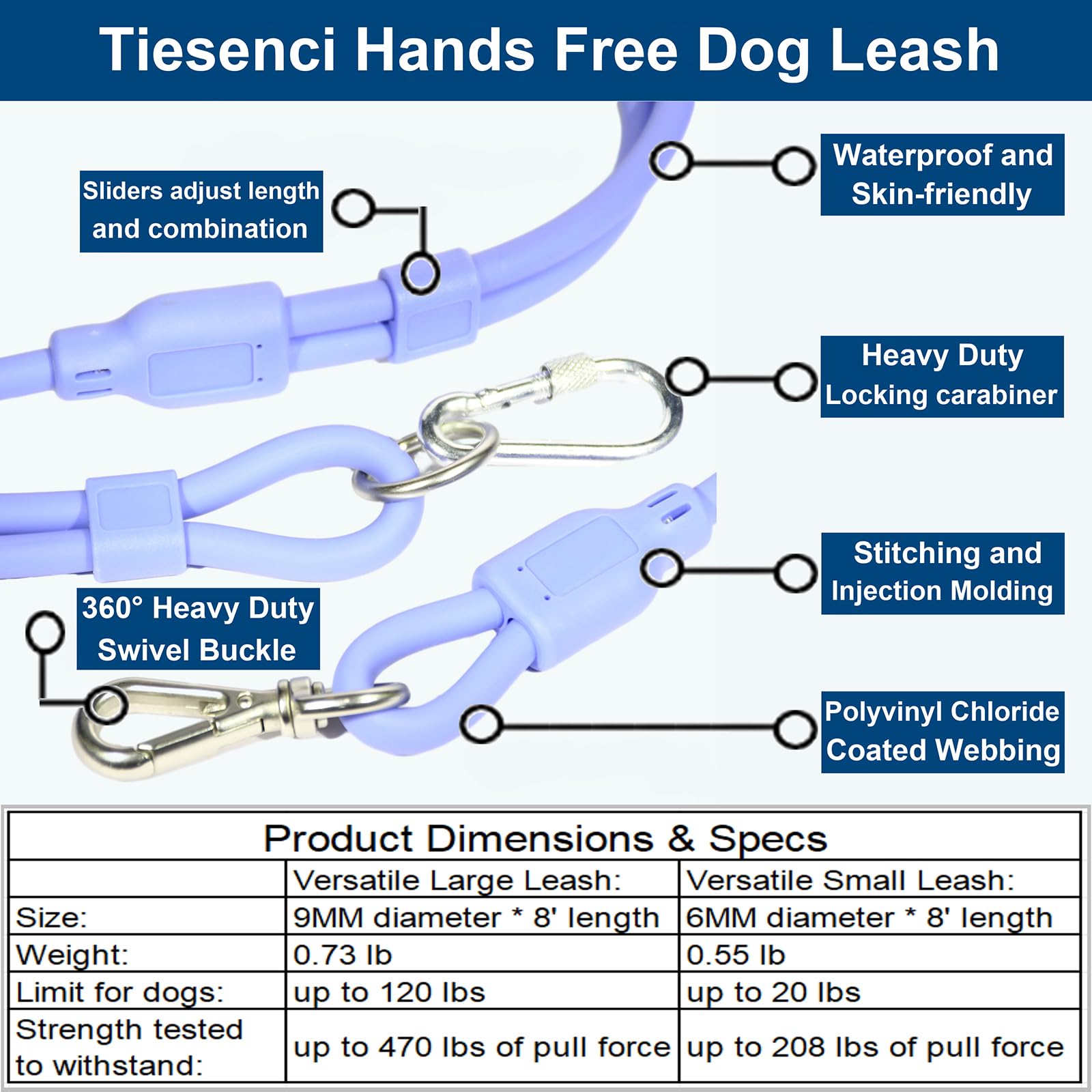 Tiesenci Hands Free Dog Leash Crossbody 8' 9-in-1 Waist Leash for Dog Walking Adjustable Waterproof Dog Leash for Swimming Running No Pull Dog Harness and Leash Set (Large, 20-120 lbs, Matte Black)