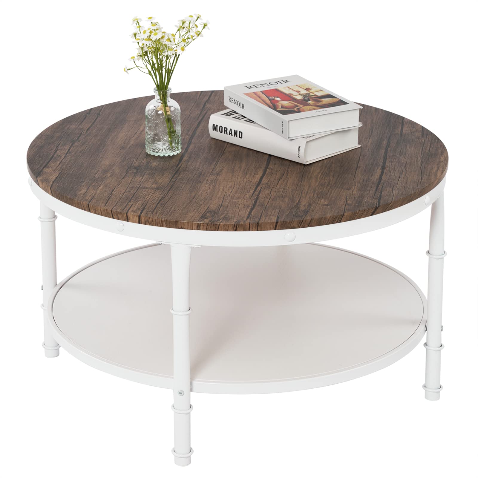 VINGLI 31.5" Dark Walnut White Round Farmhouse Coffee Table, 2-Tier Storage Wood Center Circle Accent Table for Living Room, Bedroom, Apartment, Studio and Small Spaces, Sturdy Metal Frame