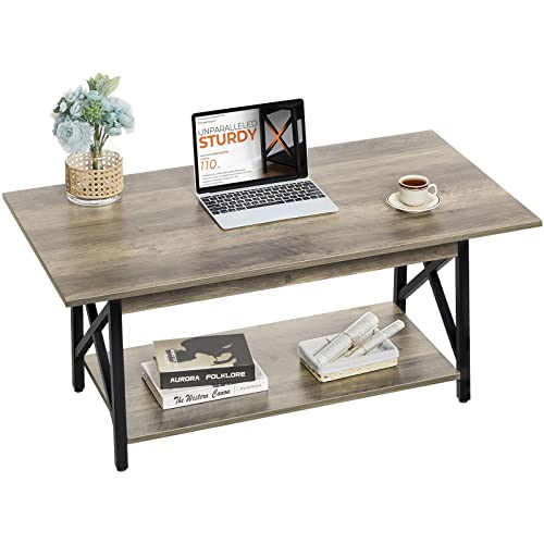 GreenForest Coffee Table Large 43.3 x 23.6 inch Rustic Farmhouse with Storage Shelf for Living Room, Easy Assembly, Gray WASH