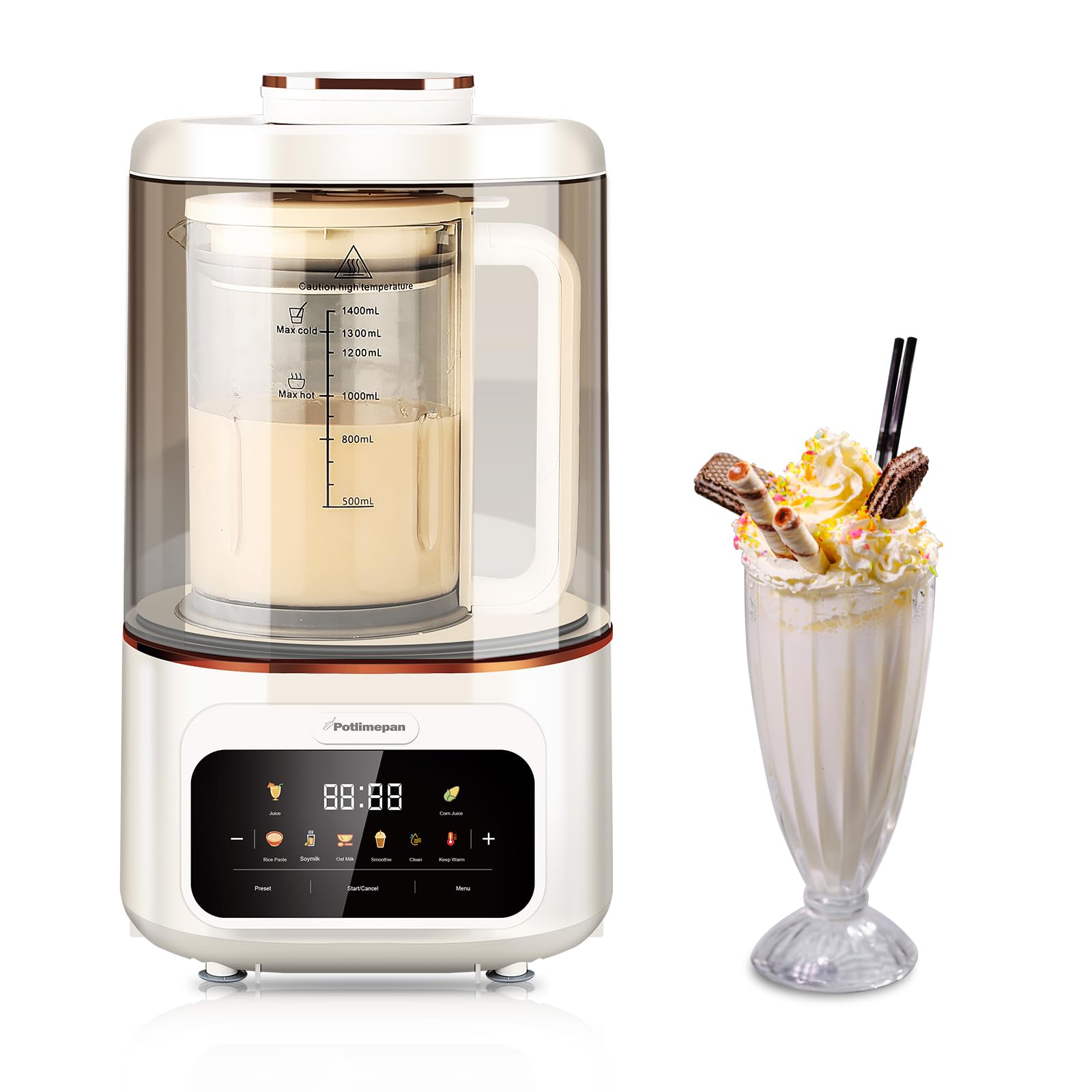 Potlimepan 8in1 Quite Cooking Blender, 1.4L 600W Countertop Blender with Silent Shield, Hot&Cold Kitchen Blender 8 Programs with 24H Preset, Self-Cleaning, for Smoothie Soy Milk Oat Milk and Juice