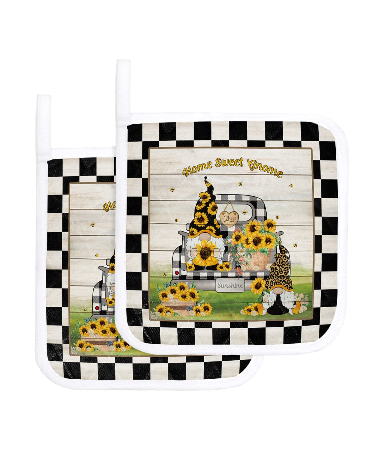 2Pcs Pot Holder with Hanging Loops, Farmhouse Pot Holder Set Cotton Heat Resistant Potholder Kitchen Hot Pads for Baking Cooking 8x8 inches Sunflower Gnome on The Truck with Black White Frame