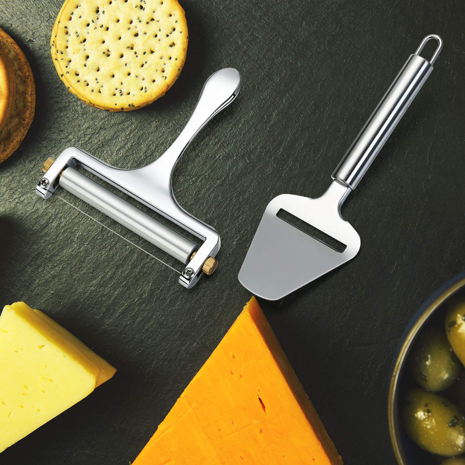 Mudder 2 Pieces Cheese Cutter,Adjustable Thickness Stainless Steel Wire Cheese Slicer with Cheese Plane Tool for Soft, Semi-Hard, Hard Cheeses Kitchen Cooking Tool for Kitchen Cooking