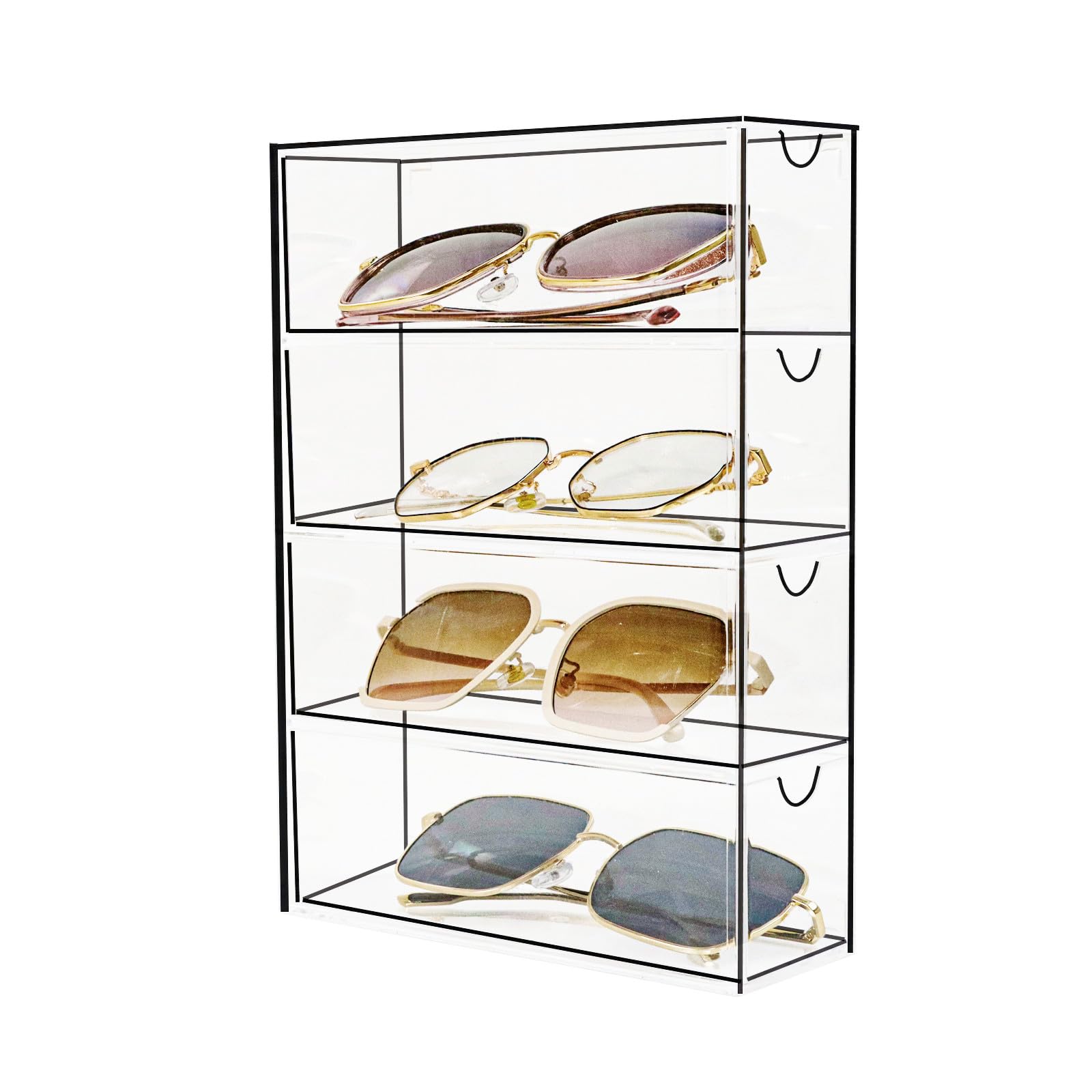 Fordonral Clear Plastic Sunglass Organizer, Transparent Glasses Holder 4 Storage Drawers, Sunglass Case Glasses Display Stand, Acrylic Organizers for Organizing Eyeglass, Hair Ties, Accessories