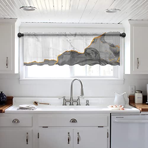 Chiffon Window Valance Kitchen Curtains Grey White Marble Crack,Rod Pocket Tier Curtain Light Filter Panel,Gold Foil Lines Abstract Art Windows Valances Drapes for Bedroom,Bathroom 54x18In