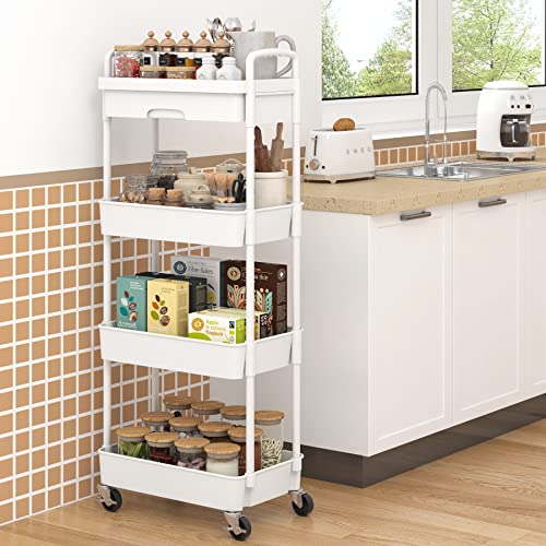 Dttwacoyh 4-Tier Rolling Cart,Trolley with Drawer, Kitchen Storage Organizer with Plastic Shelf & Metal Wheels, Storage Cart for Living Room, Kitchen, Office, Bathroom, White