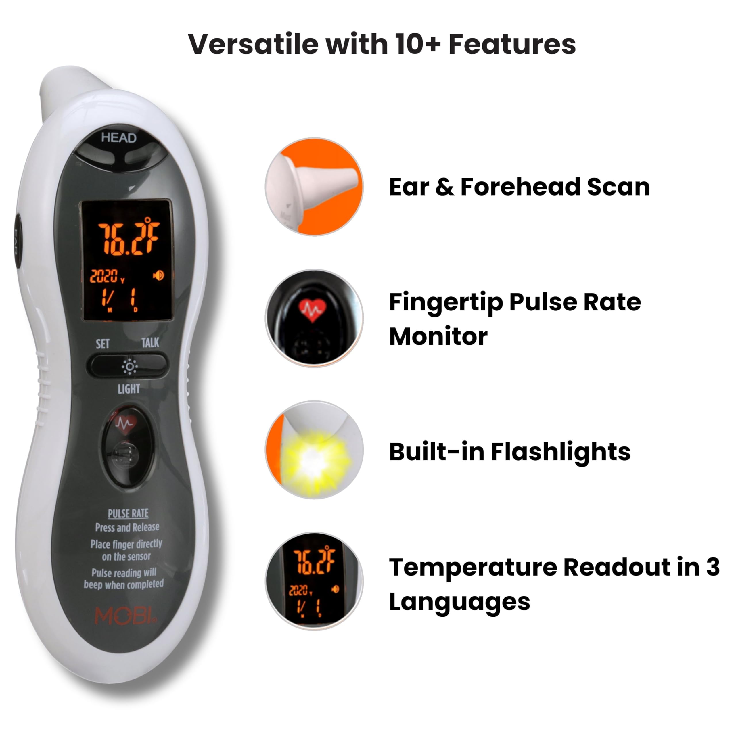 MOBI Digital Ear & Forehead Thermometer with Fingertip Pulse Reading, Flashlight & Fever Indicator, Room Temperature – Large Display, 3 Language Voice Readout for Baby, Kids & Adults
