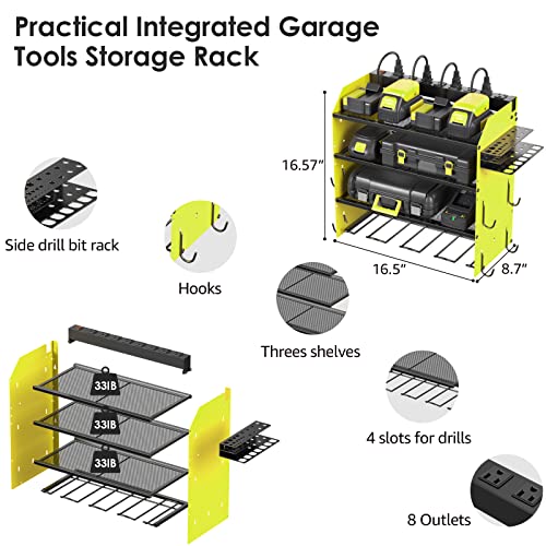 CCCEI Modular 4 Layer Movable Power Tool Organizer with Charging Station. Wall Mount 4 Drill, Tool Battery Holder, Garage Heavy Duty Shelf Rack with Power Strip, Hooks, Screwdriver, Drill Bit Storage