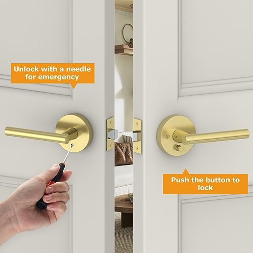 Amerdeco 2 Pack Gold Interior Privacy Door Handles, Heavy Duty Interior Bedroom Brushed Brass Door Lever, Door Handles Interior for Bathroom