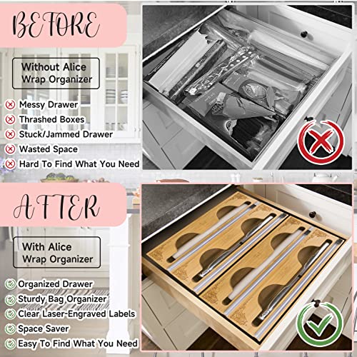 Alice 3-in-1 Foil and Plastic Wrap Organizer with Cutter | Compatible with Plastic Wrap, Aluminum Foil, and Wax Paper | Nature Bamboo Wrap Dispenser for Kitchen Storage Organization for 15 1/4" Roll
