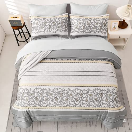 Grey Comforter Set King,7 Pieces Bed in a Bag Paisley Comforter for All Season Soft Microfiber Boho Bedding Set-1 Comforter, 1 Flat Sheet, 1 Fitted Sheet, 2 Pillow Shams,2 Pillowcases