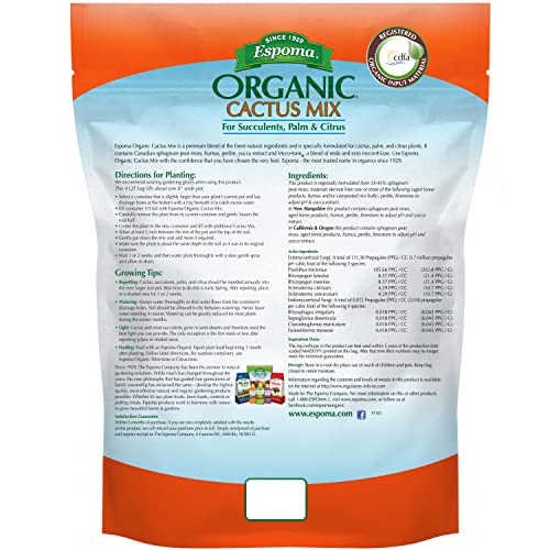 Espoma Organic Cactus Potting Soil Mix, Natural & Organic Soil for Cactus, Succulent, Palm, and Citrus Grown in containers Both Indoors and Outdoors, 4 qt, Pack of 1