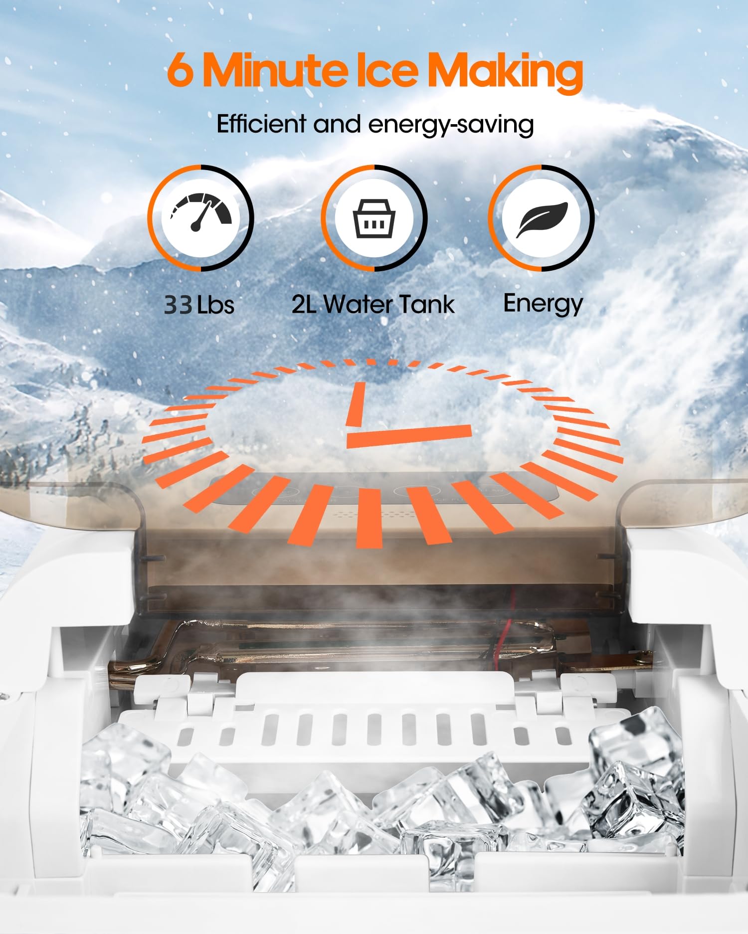 Smart Ice Maker Countertop, Compact Wi-Fi Ice Machine with App Control, 33 lbs per Day 9 Cubes in 6 Mins 2 Sizes Bullet Ice Makers Self-Cleaning Ideal for Home Kitchen Camping RV