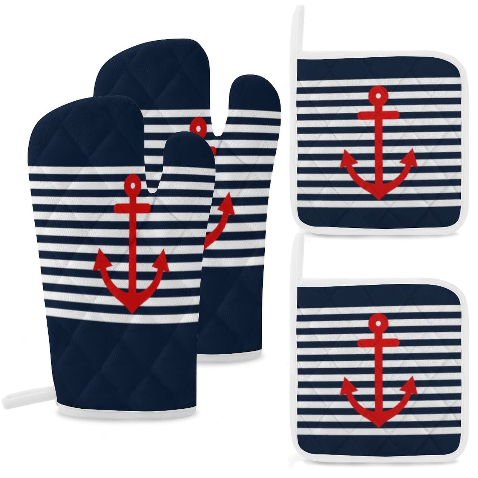 4PCS Oven Mitts Glove Kitchen Heat Resistant Pot Holders Set Navy Blue Nautical Kitchen Microwave Oven Gloves Mitts Anti-Scald Baking Cooking Gloves