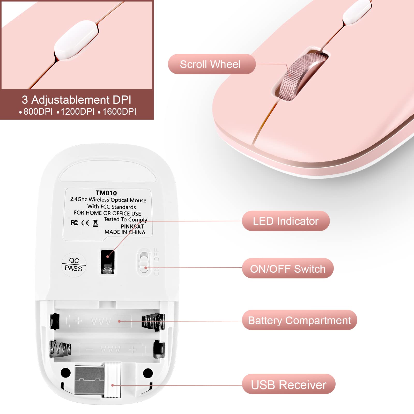 PINKCAT Wireless Flat Mouse, 2.4G Optical Mouse, Computer Mouse for Laptop, PC, Computer, Chromebook, Notebook, Especially Designed for Computer Bags (Pink)