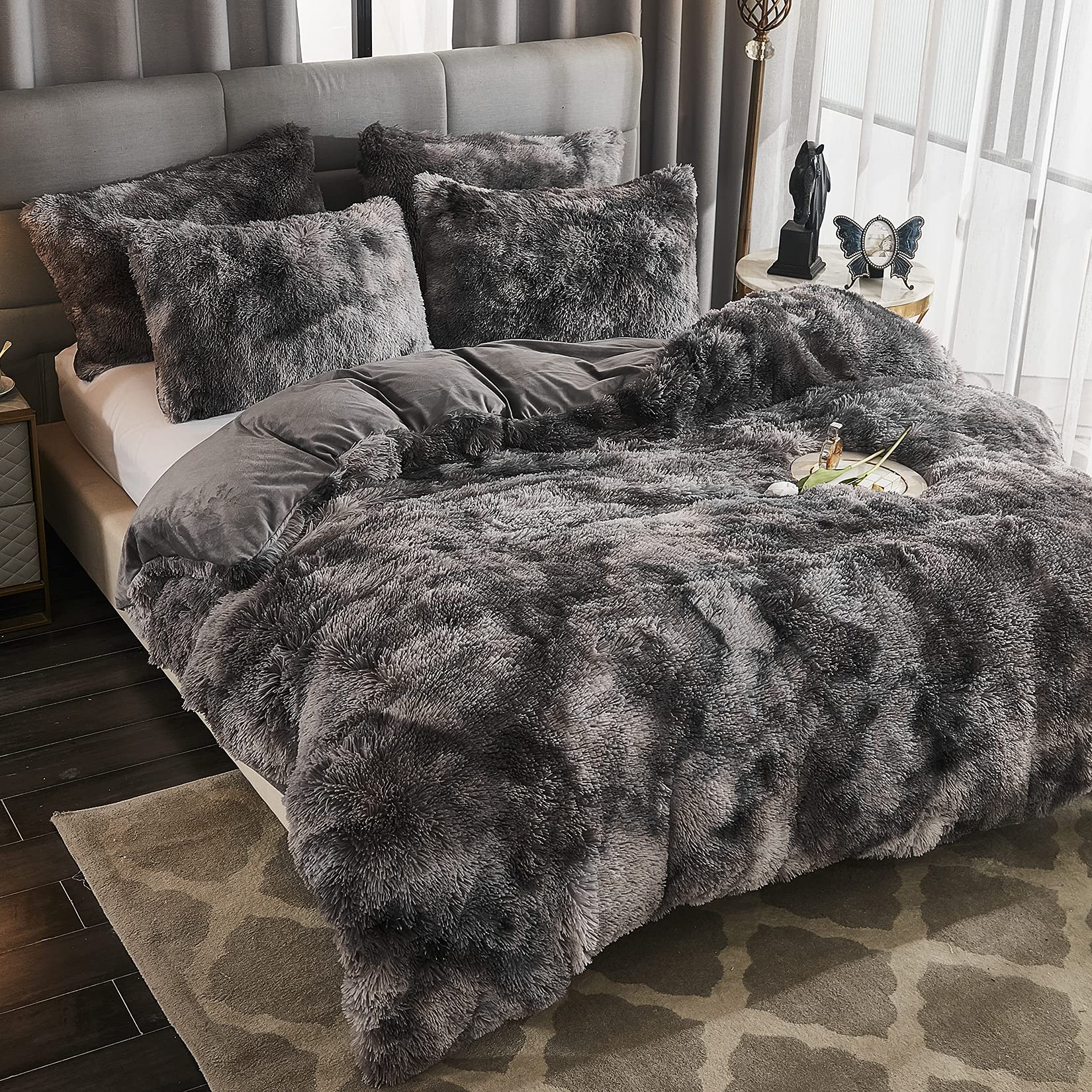 WERDIM Shaggy Fluffy Tie Dye Duvet Cover Set Button Closure Velvety Bedding Set Comforter Cover with Pillowcases Tie Dye Dark Grey, Twin Size