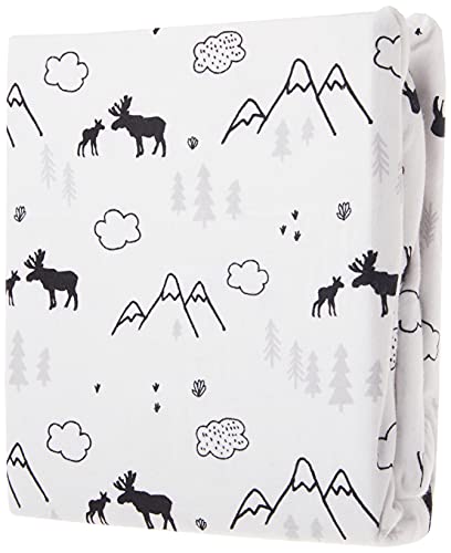 Lumberjack Moose Deluxe Flannel Fitted Crib Sheet-Moose and Mountain Print, Cotton Flannel, Black, Gray, White, Fully Elasticized, 10 in Deep Pockets, Fits Standard Crib Mattress 28 in x 52 in
