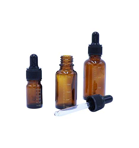 QUUPY 3PCS Portable Amber Glass Graduated Scale Dropping Bottle Vials With Black Rubber Cap And Glass Dropper Pipette For Cosmetic Perfumes Essential Oils Liquids Storage