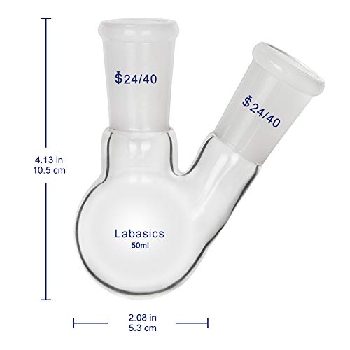 Labasics Glass 50ml 2 Neck Round Bottom Flask RBF, with 24/40 Center and Side Standard Taper Outer Joint, 50ml