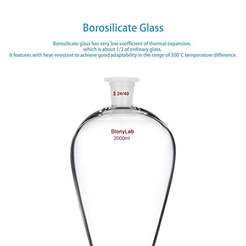 StonyLab Borosilicate Glass 2000 ml Heavy Wall Conical Separatory Funnel with 24/40 Joints and PTFE Stopcock, 2 L (2 Liter)