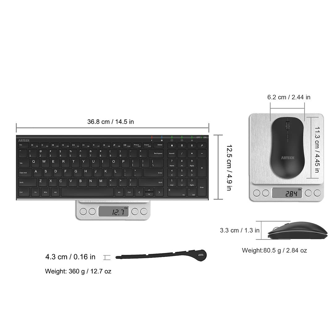 Arteck 2.4G Wireless Keyboard and Mouse Combo HW193MW162 Stainless Ultra Slim Full Size Keyboard and Ergonomic Mouse for Computer Desktop PC Laptop and Windows 11/10/8/7 Build in Rechargeable Battery