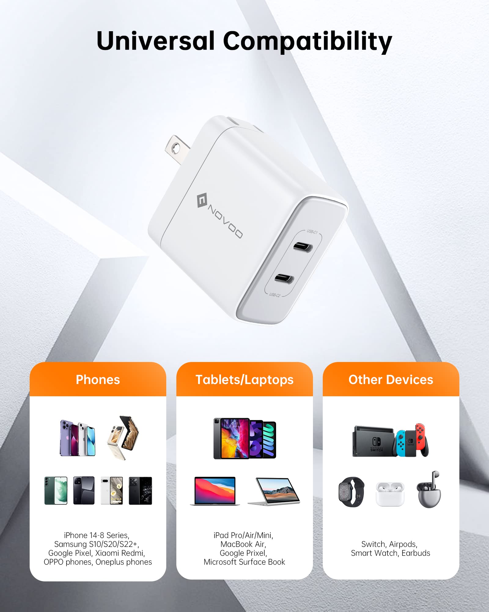 35W USB C Charger Block, NOVOO GaN III iPhone Charger USB C Brick Foldable Wall Charger Fast Charging Adapter for Mobile iPhone 14/14 Plus/14 Pro/14 Pro Watch/Galaxy, Pixel 4/3, iPad/iPad Mini