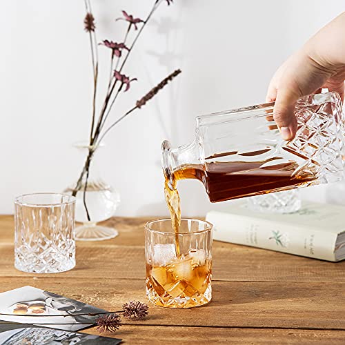 GoodGlassware Whiskey Decanter and Glasses (5 Piece Set) – Elegant Liquor Carafe with Ornate Solid Glass Stopper and 4 Matching Whisky Tumblers - Lead-Free and Dishwasher Safe Transparent