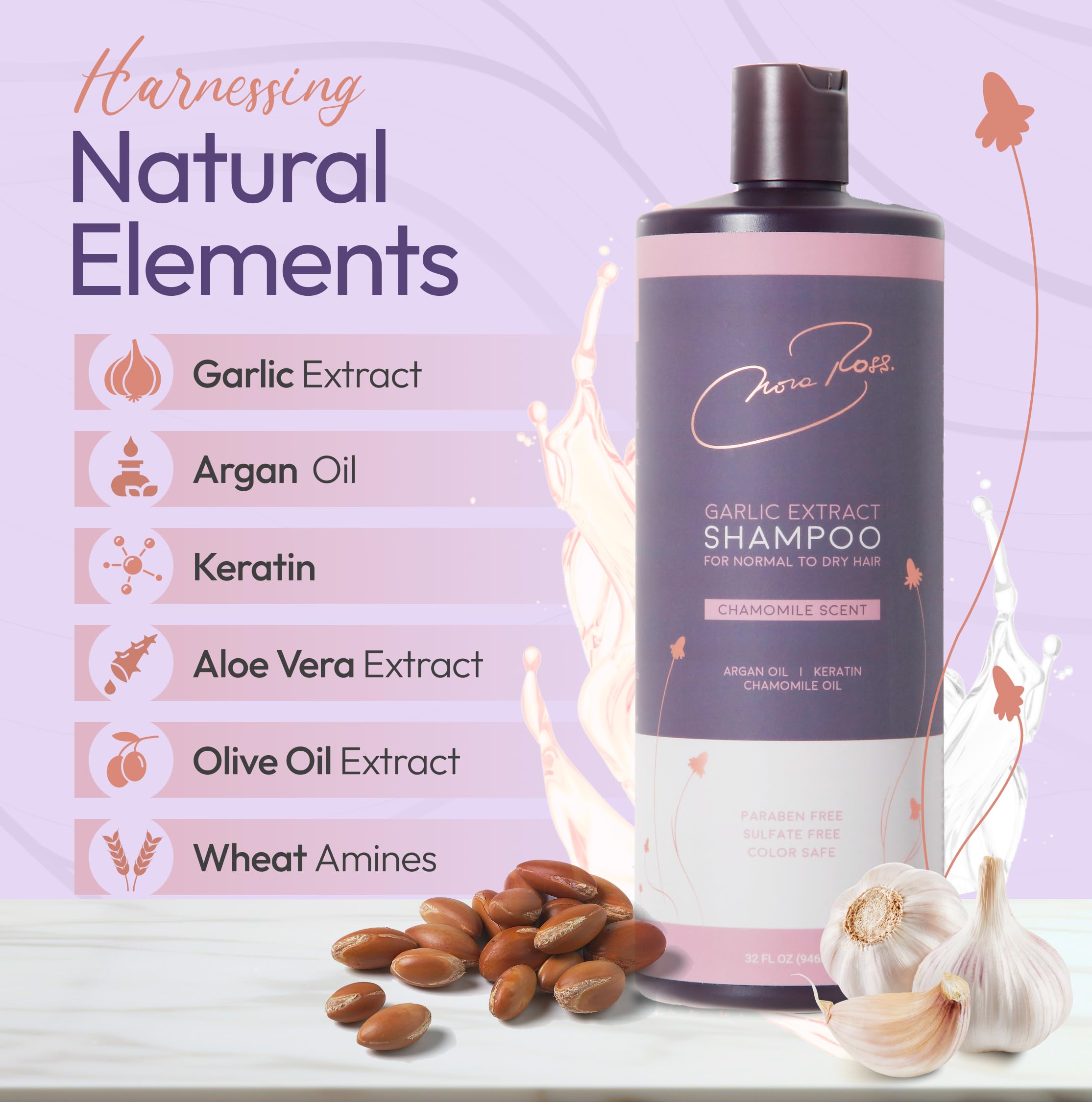 Nora Ross Garlic Shampoo with Chamomile Scent for Normal to Dry Hair, Thickening & Volumizing Formula, All Natural Care against Excess Hair Loss - 32 Oz