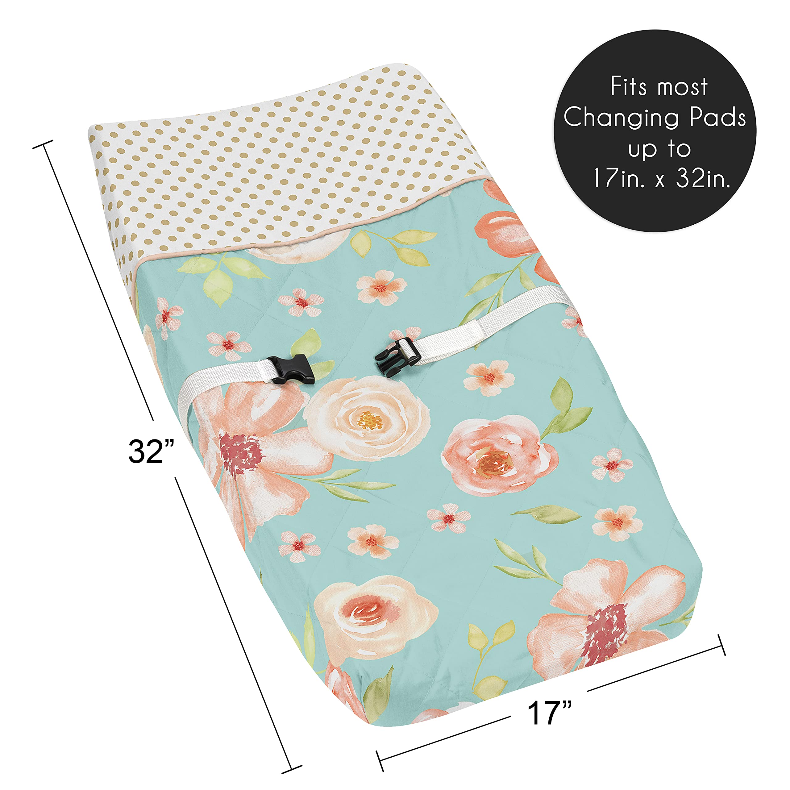 Sweet Jojo Designs Turquoise, Peach and Gold Changing Pad Cover for Watercolor Floral Collection - Pink Rose Flower
