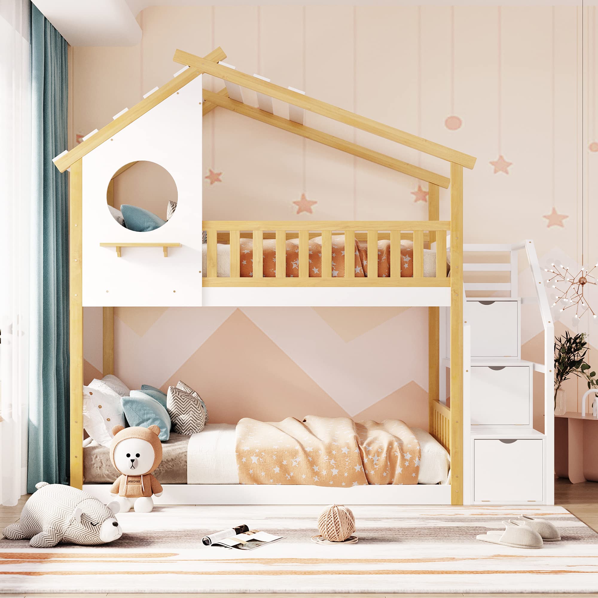 House Bed Bunk Beds with Stairs, Twin Over Twin Bunk Bed with Storage and Guard Rail, Floor Bunk Bed with Roof, Wood Bunk Bed Frame for Kids, Teens, No Box Spring Needed (Natural & White)